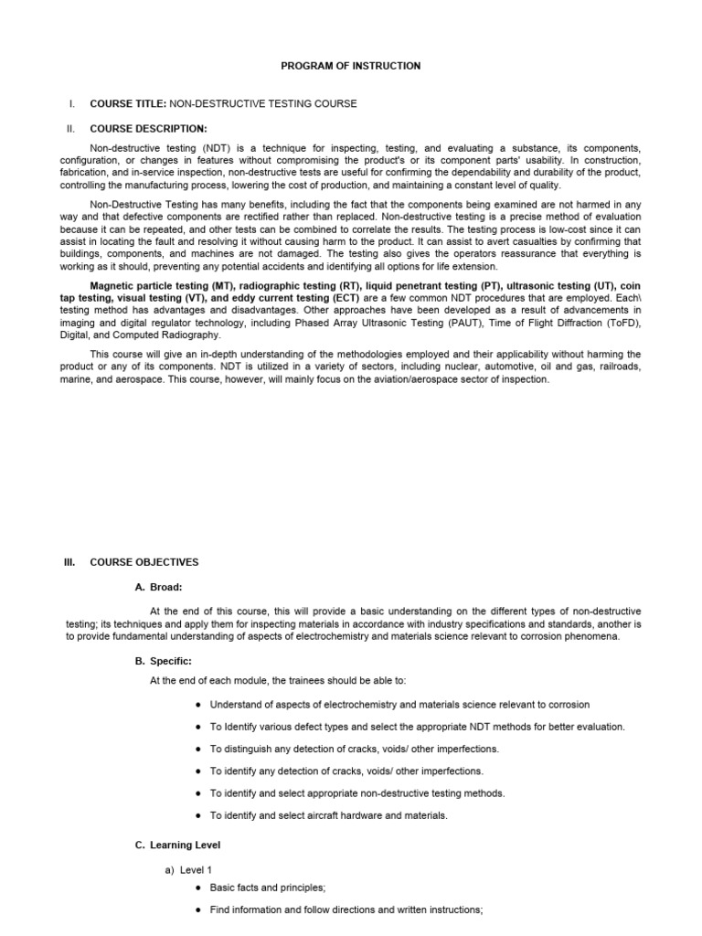 Program Of Instruction Pdf Nondestructive Testing Physical Sciences