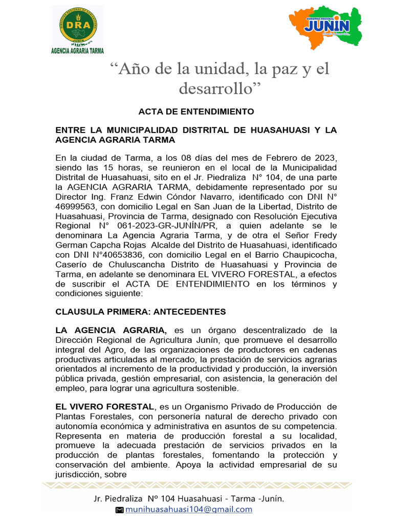 Acta De Entendimiento Pdf Agricultura