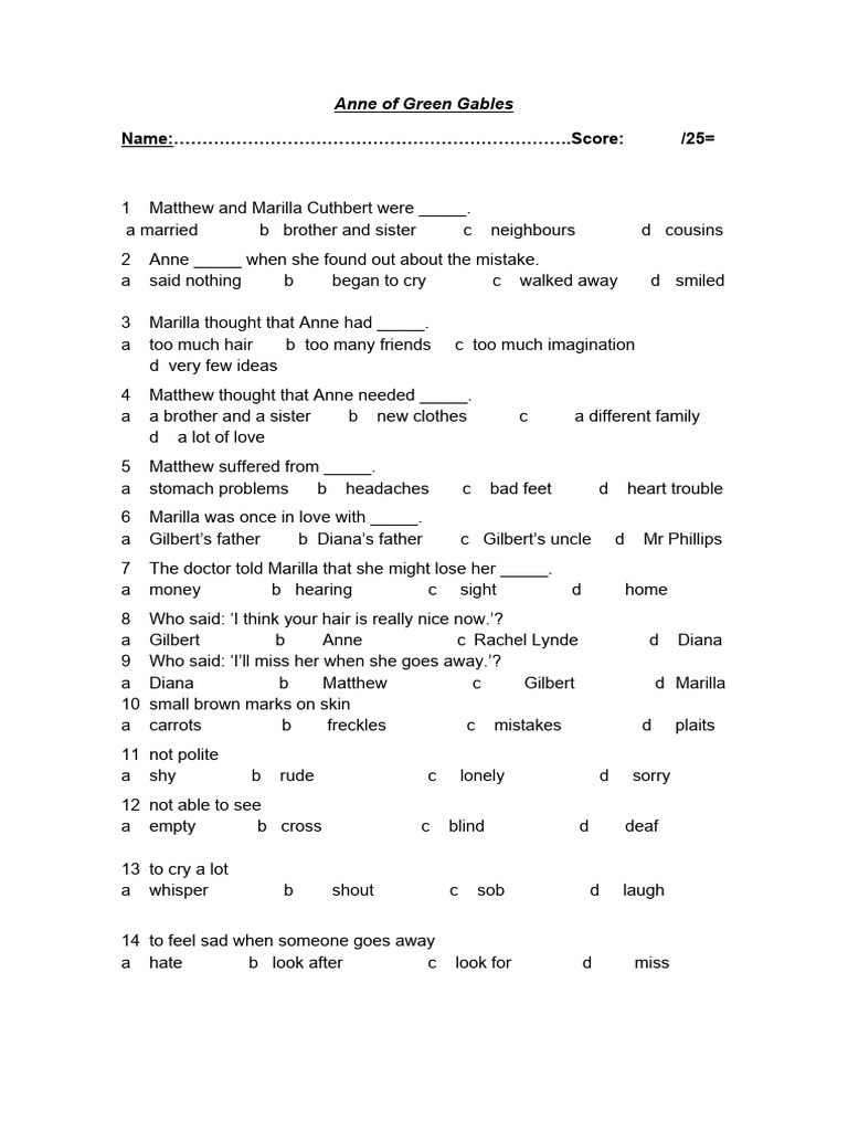 Anne of Green Gables Test 25+ Key | PDF | Anne Of Green Gables