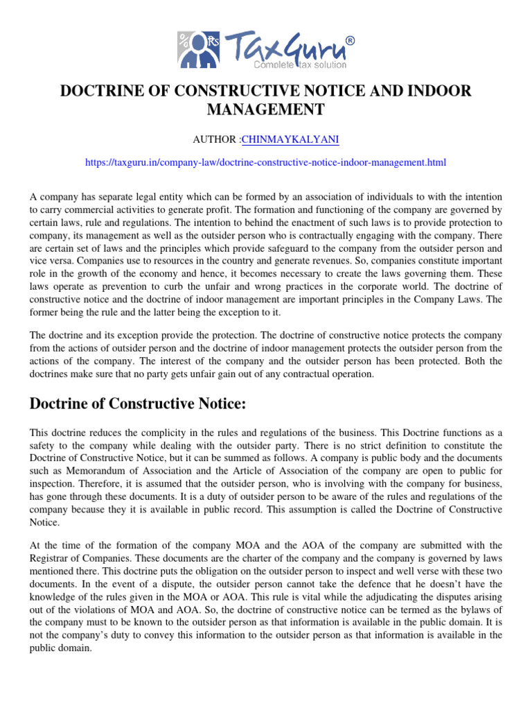 Doctrine of Constructive Notice and Indoor Management - Taxguru - in | PDF | Governance ...