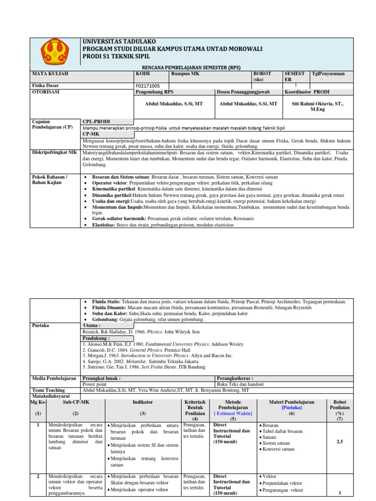 RPS Fisika Dasar untuk Teknik Sipil | PDF