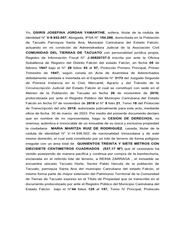 Cesion de Derecho Maria Maritza Corregido | PDF | Justicia | Crimen y ...