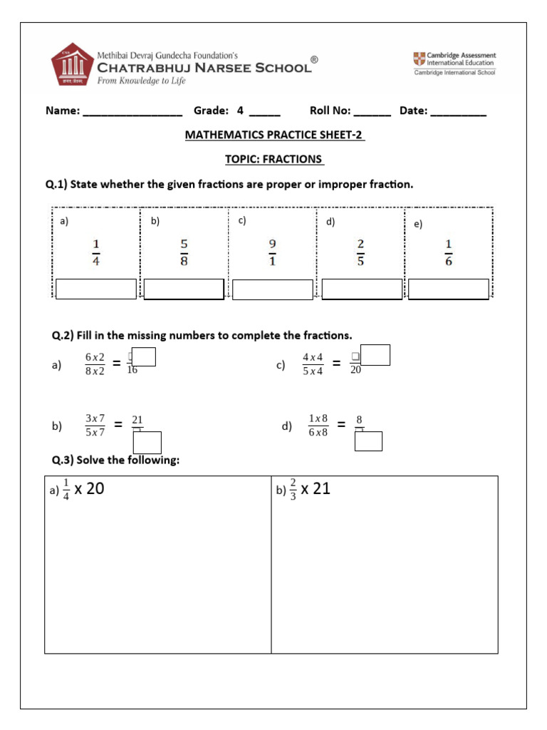 13th January Mathematics Grade 4 Practice Sheet 2 Fractions | PDF