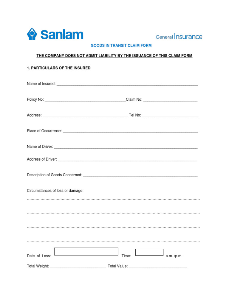 Goods in Transit Claim Form | PDF | Insurance | Consent