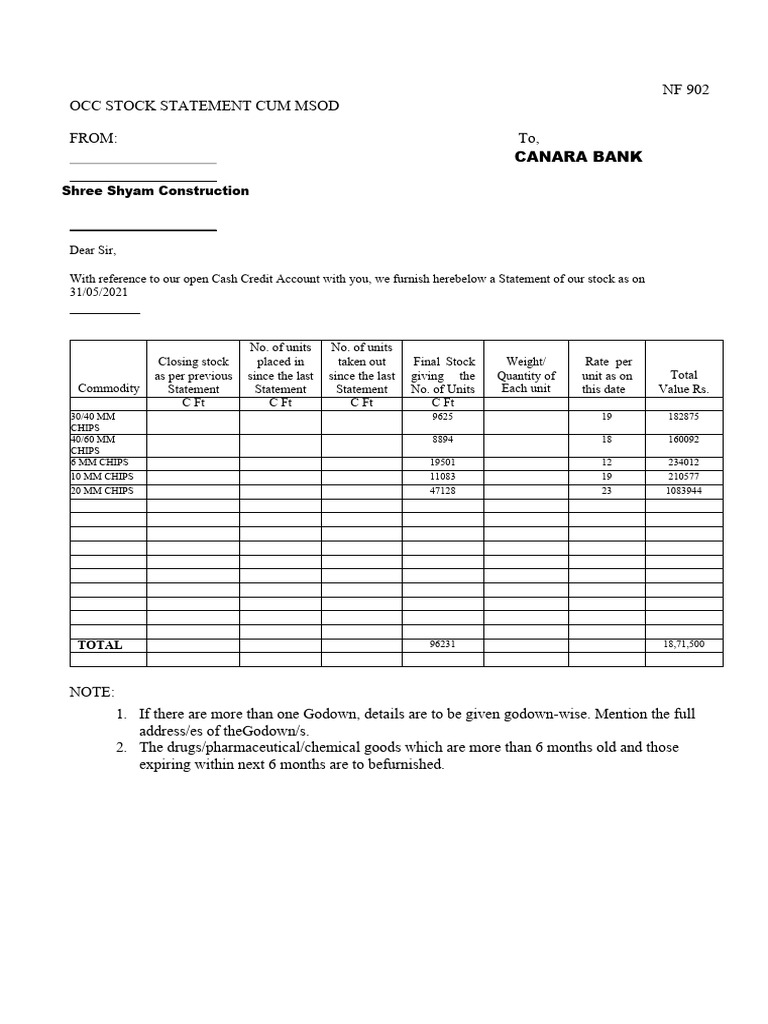 May 2021 Stock Statement Canara Bank | PDF | Private Sector | Money