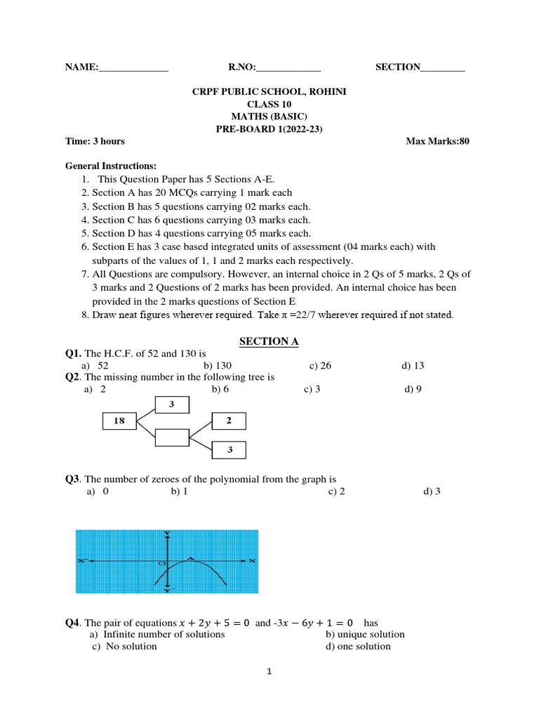 Class X Maths Basic Pre Board - 1 2022-23 | PDF | Circle | Angle