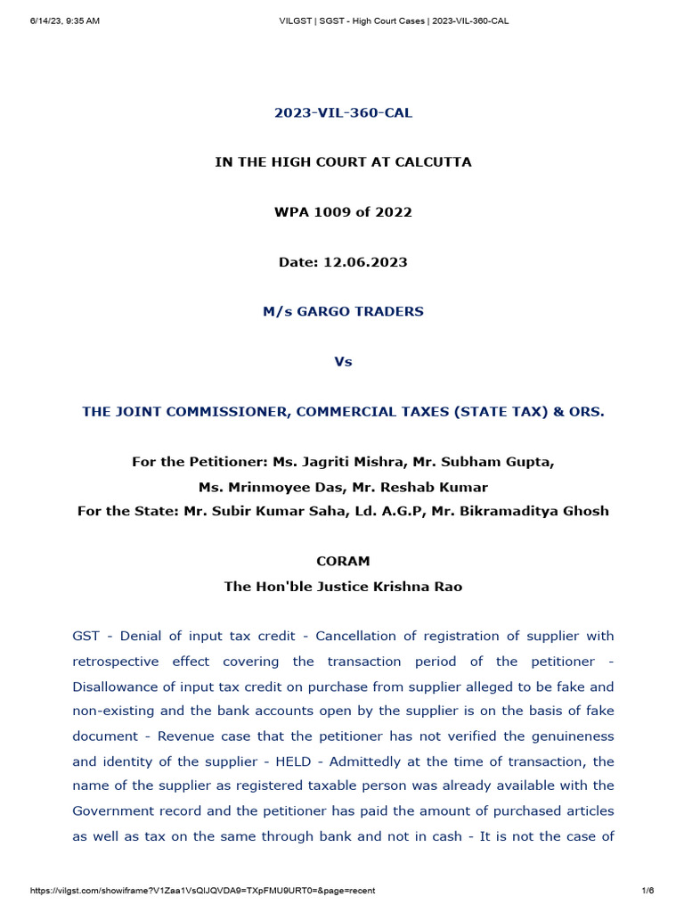 VILGST - SGST - High Court Cases - 2023-VIL-360-CAL | PDF | Taxes ...