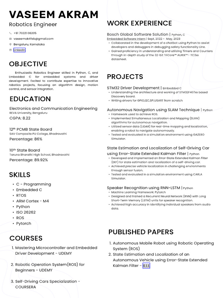 Robotics Engineer Vaseem Akram V | PDF | Robotics | Embedded System