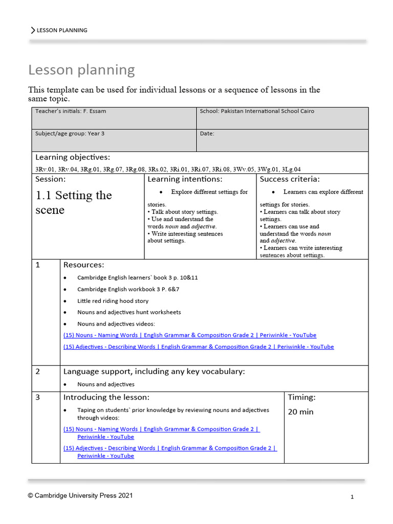 Lesson Plan Lesson 1 Unit 1 Cambridge English Book 3 | PDF | English Language | Adjective