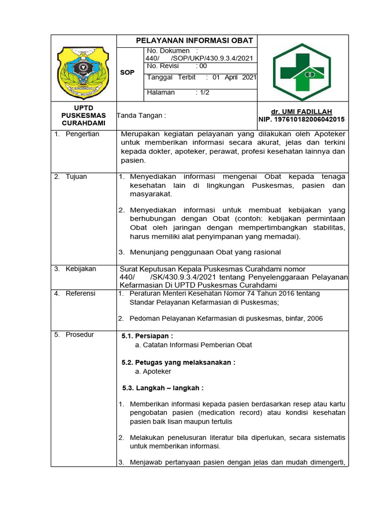 SOP PELAYANAN INFORMASI OBAT Fix | PDF | Pengembangan Diri