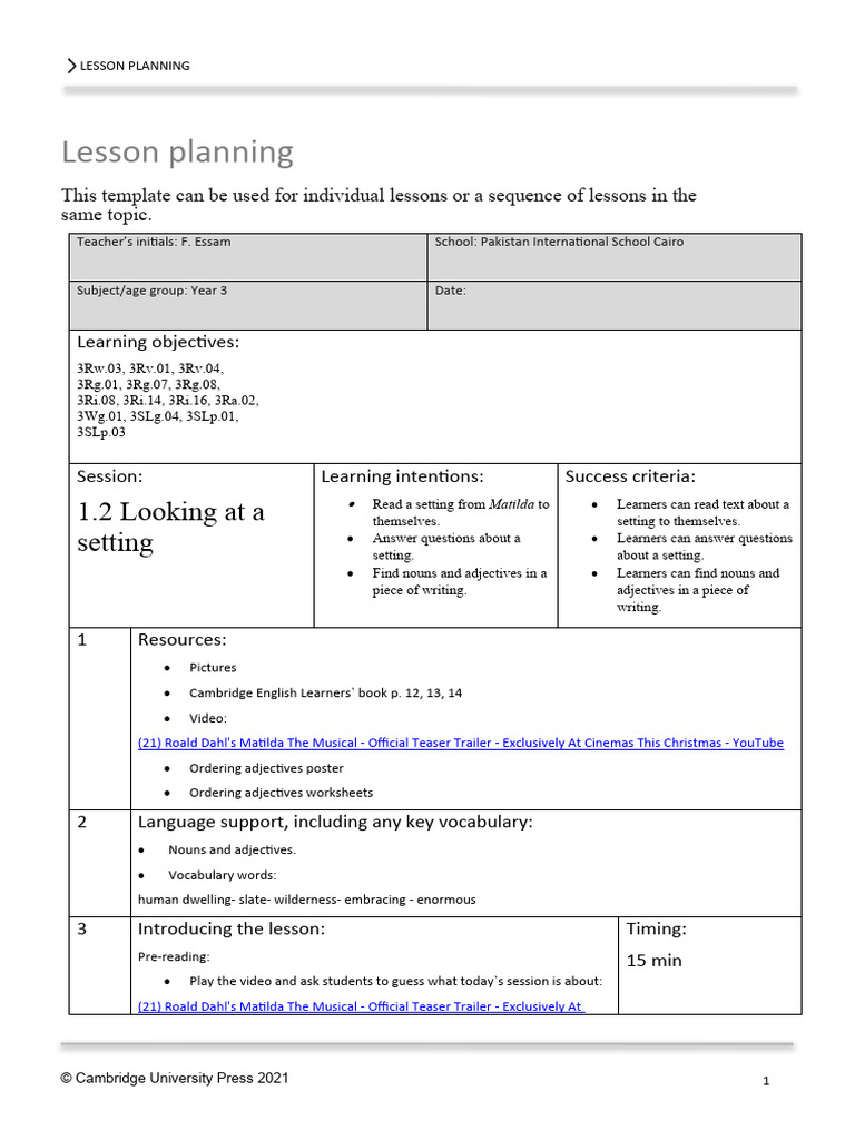 Year 3 Lesson Plan: Nouns & Adjectives | PDF | Adjective | Vocabulary