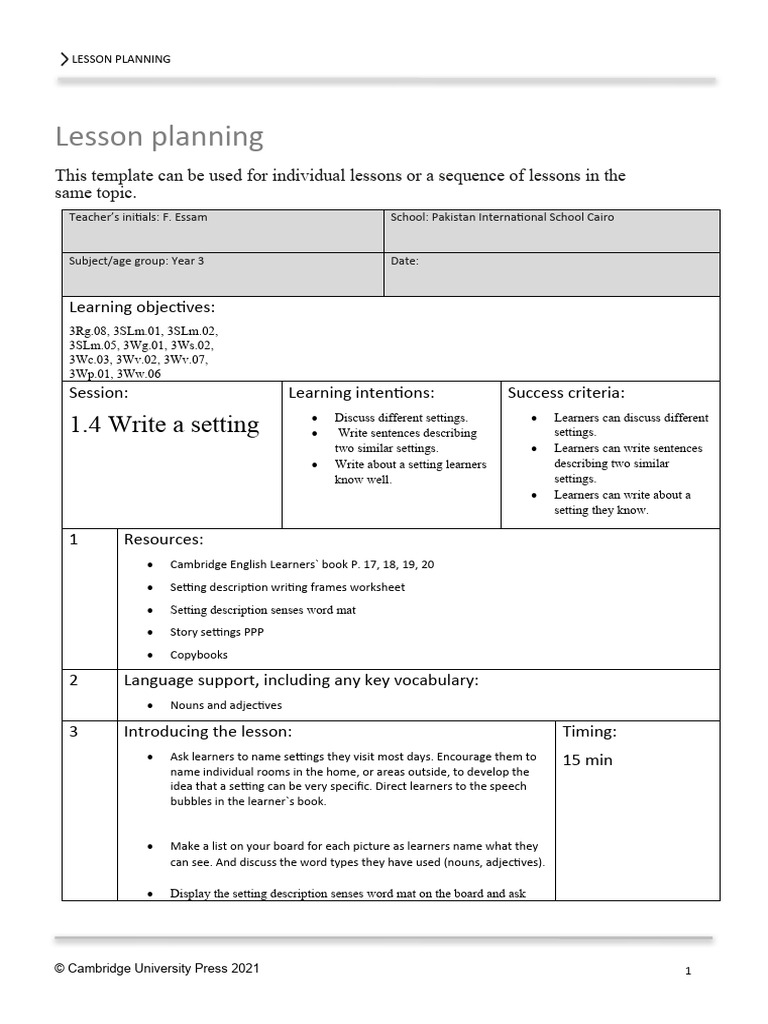 Lesson Plan Lesson 4 Cambridge English Book 3 | PDF | Word | Noun