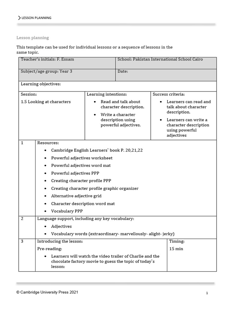 Lesson Plan Lesson 5 Cambridge English Book 3 | PDF | Learning | Human ...