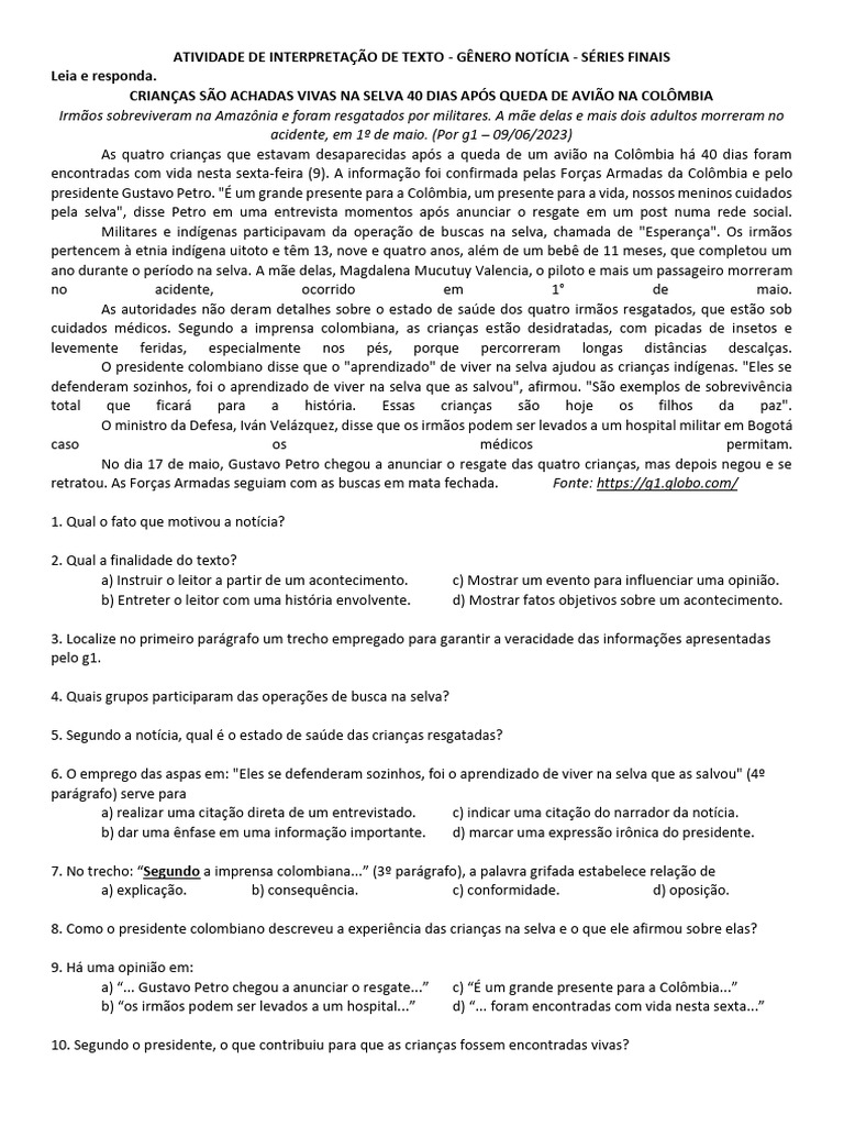 Atividade de Interpretação de Texto - Gênero Notícia - Série | PDF ...