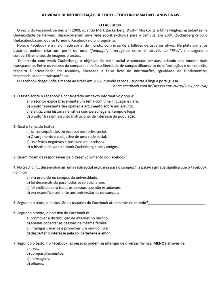 ATIVIDADE DE INTERPRETAÇÃO DE TEXTO – TEXTO INFORMATIVO - ANOS FINAIS ...