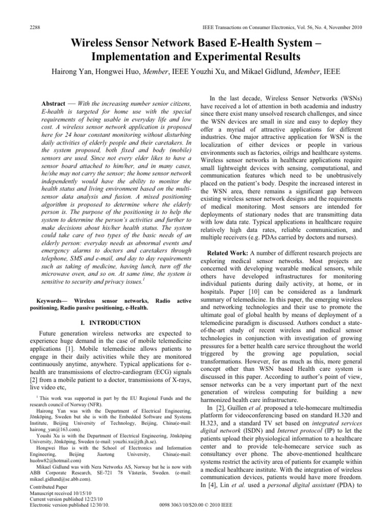 2010-Wireless Sensor Network Based E-Health System | PDF | Wireless Sensor Network | Computer ...
