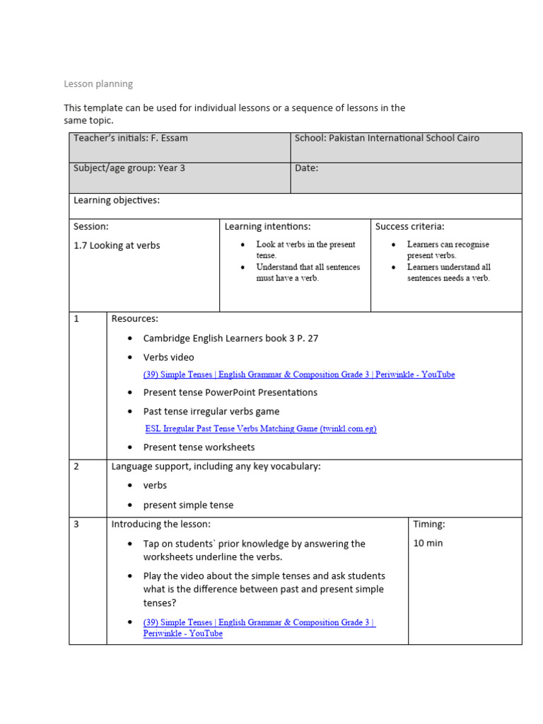 Present Simple Lesson Plan for Year 3 | PDF | Grammatical Tense | English Language