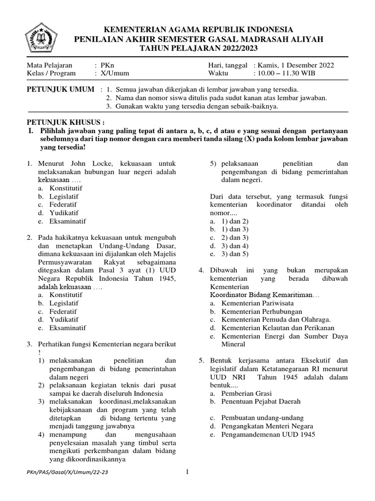 4.2. Soal Pas PKN X Umum 2022-2023 | PDF