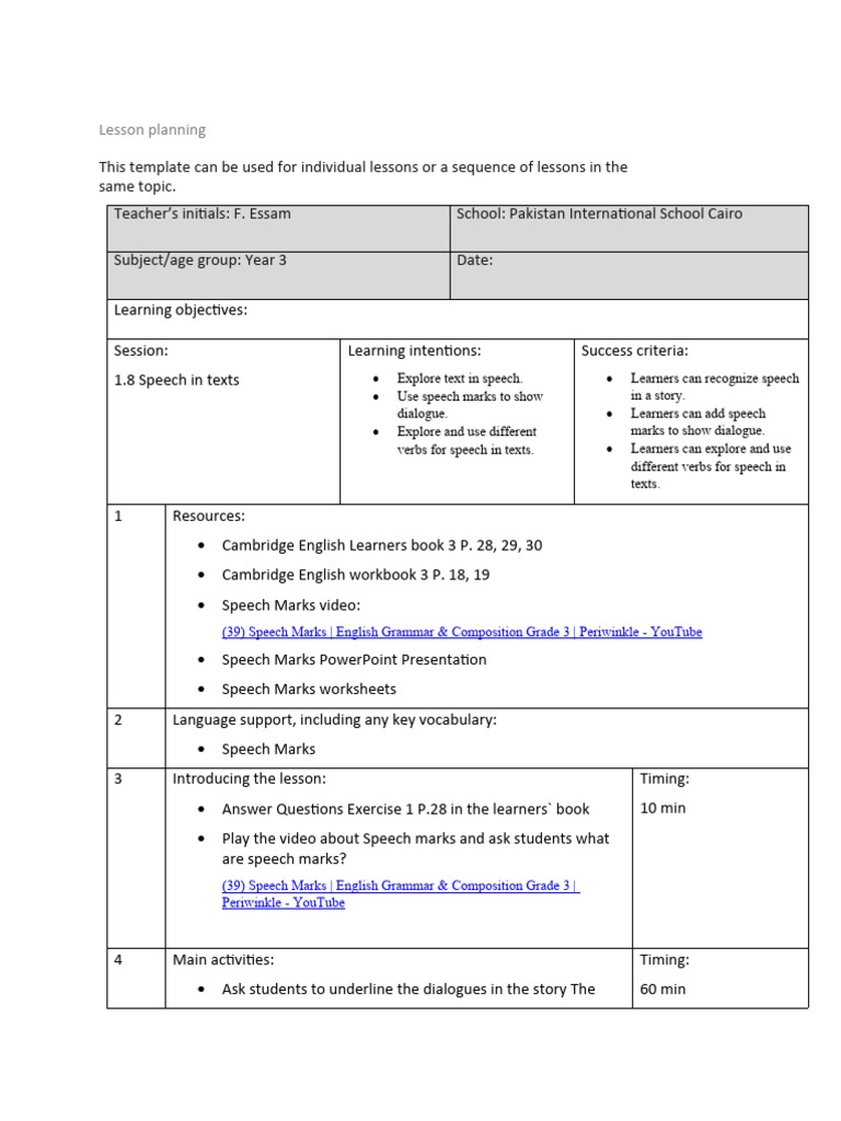 Lesson Plan 8 Speech Marks Cambridge English Book 3 | PDF | English ...