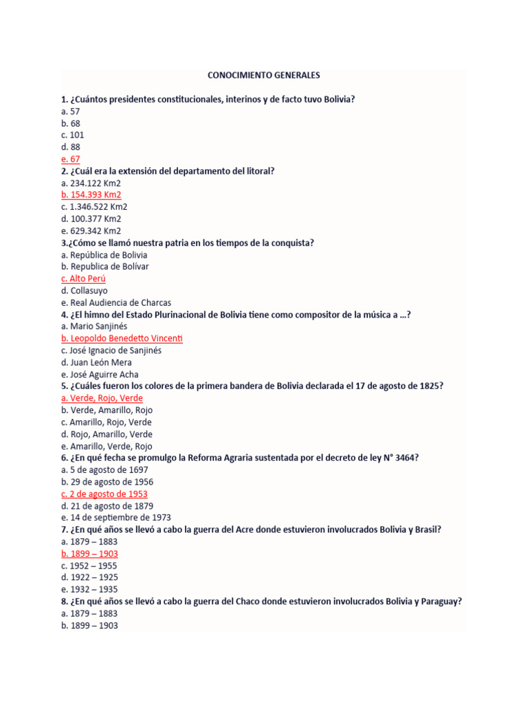 Cuestionario Conocimientos Generales | Descargar gratis PDF | Plan de estudios | Bolivia