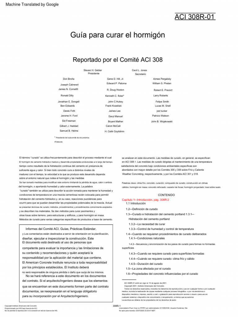 Aci 308r 01 Guide To Curing Concrete PDF Free | PDF | Hormigón | Cemento