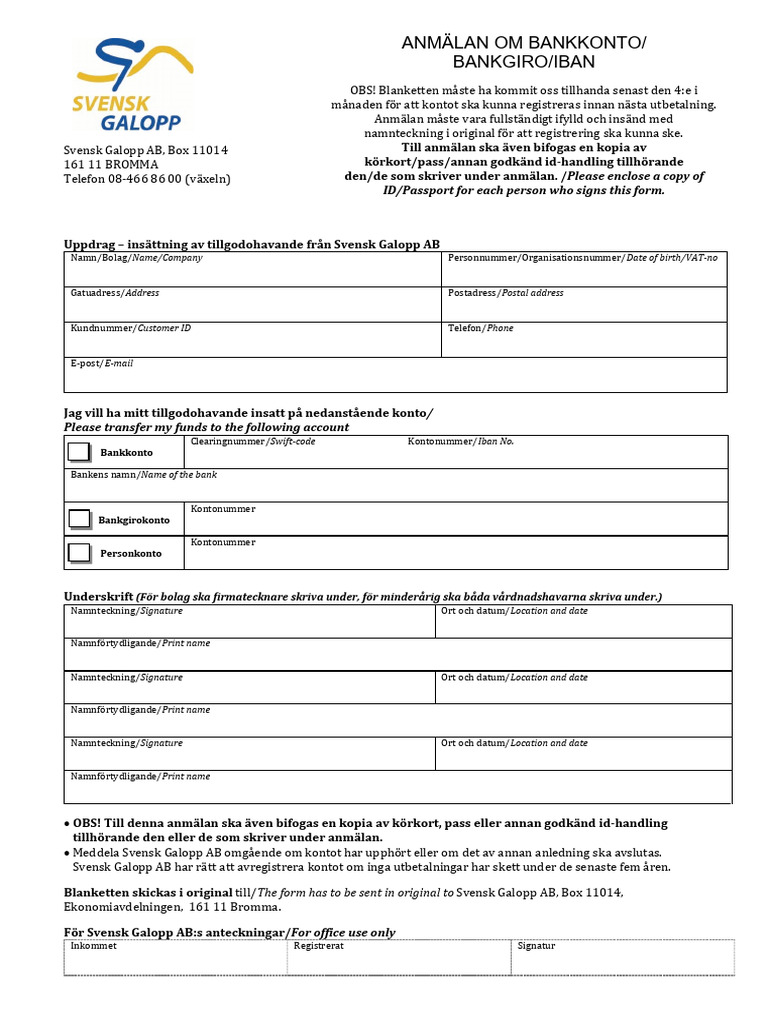 Anmalan Om Bankkonto Bankgiro Eller IBAN | PDF