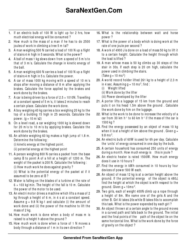 Chapter 8 - Work & Energy - Questions - Class 9 Physics Question Bank With Solutions CBSE - PDF ...