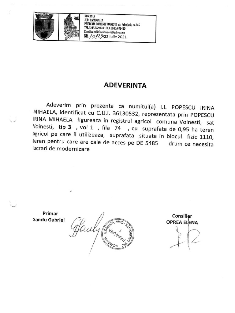 Model Adeverinta Voinesti Dambovita | PDF