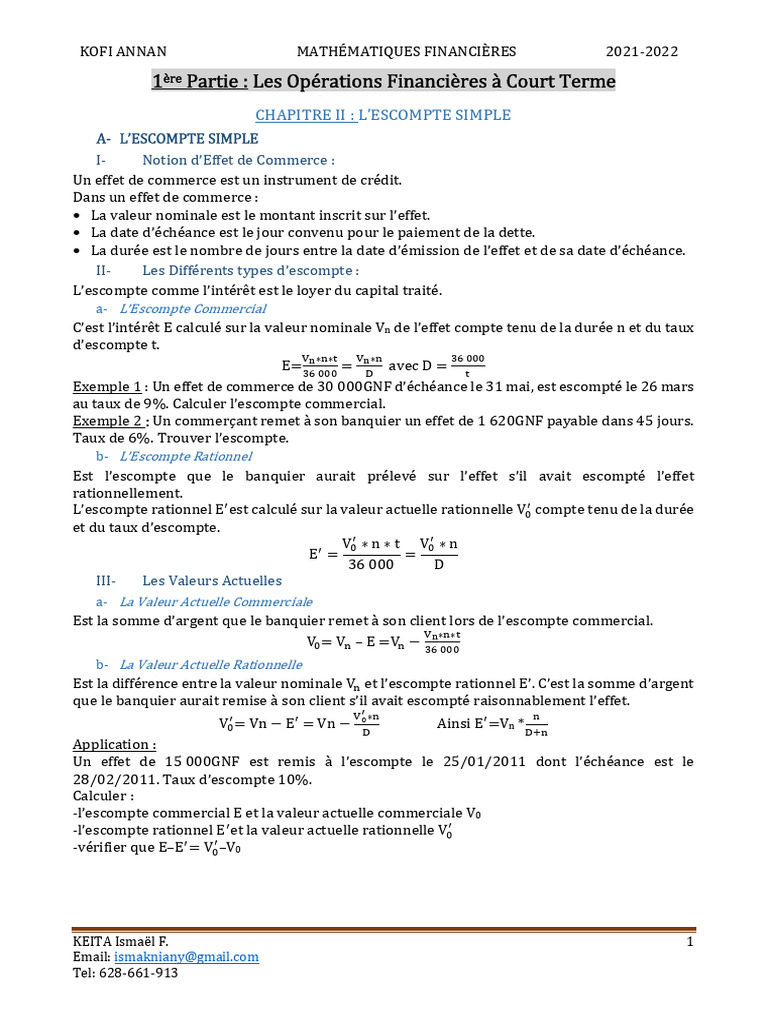 Chapitre 2 Escompte Simple en Maths Financière | PDF | Effet de commerce | Argent