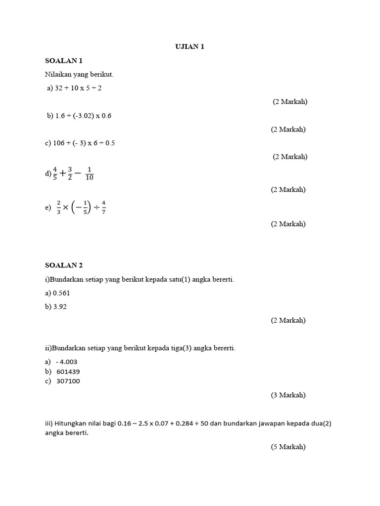 Ujian 1 Matematik 1 Pdf