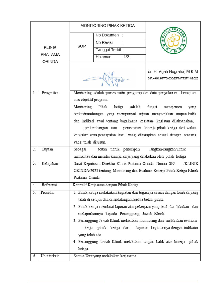 1.4.1. SOP Monitoring Kinerja Pihak Ketiga | PDF
