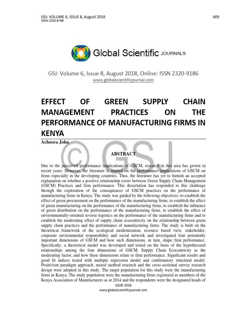 Effect of Green Supply Chain Management Practices On The Performance of Manufacturing Firms in ...