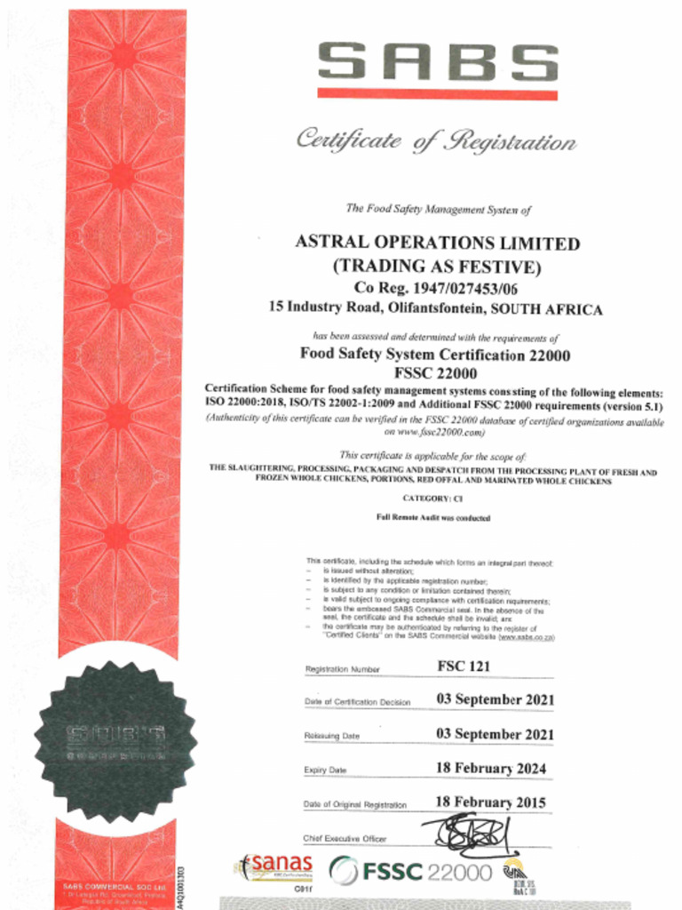 Olifantsfontein SABS FSSC 22000 Certificate | PDF