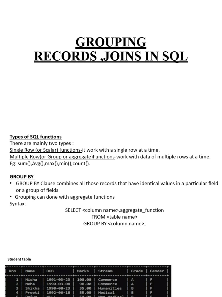 Grouping Records, Joins in SQL | PDF