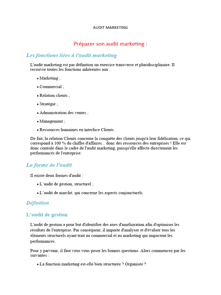 Audit Marketing : Méthodologie et Stratégies | PDF | Commercialisation ...