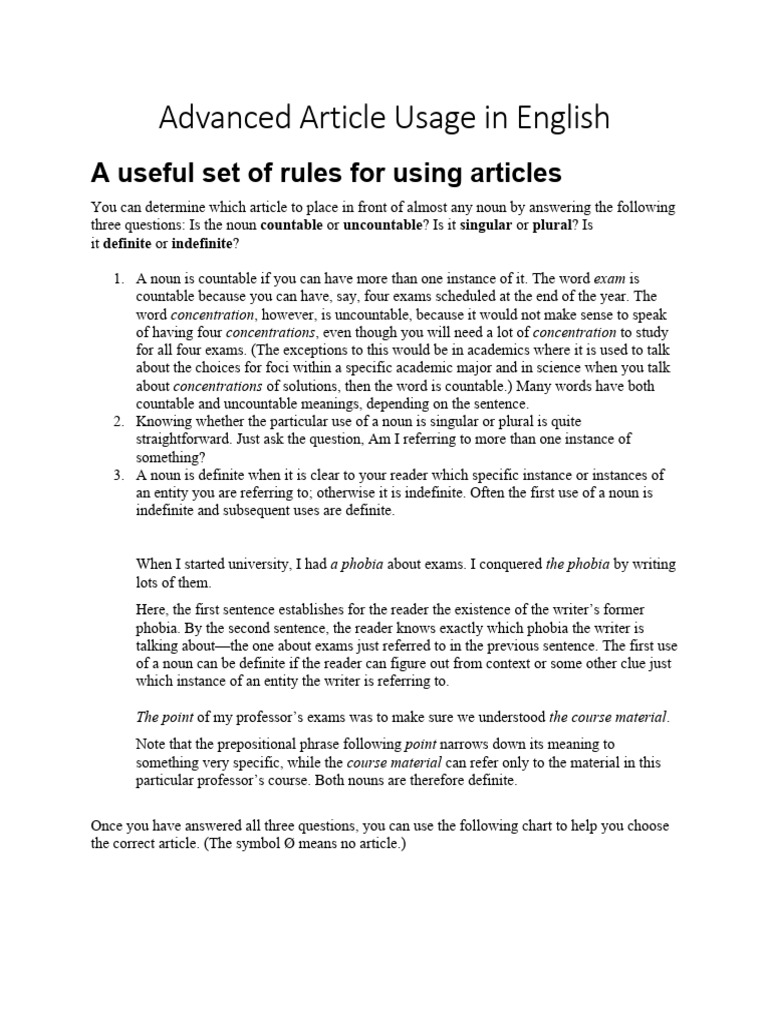 Article Usage | PDF | Grammatical Number | Noun