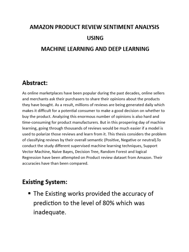AMAZON PRODUCT REVIEW SENTIMENT ANALYSIS Abstract Documentation | PDF | Machine Learning | Deep ...
