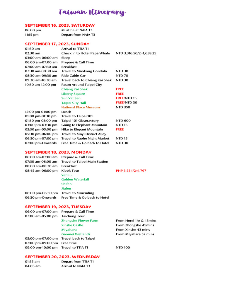 Taiwan Itinerary | PDF