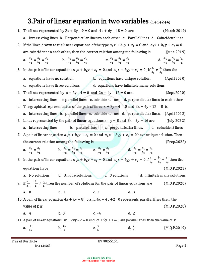03 - Pair of Linear Equation in Two Variables | PDF | Equations ...