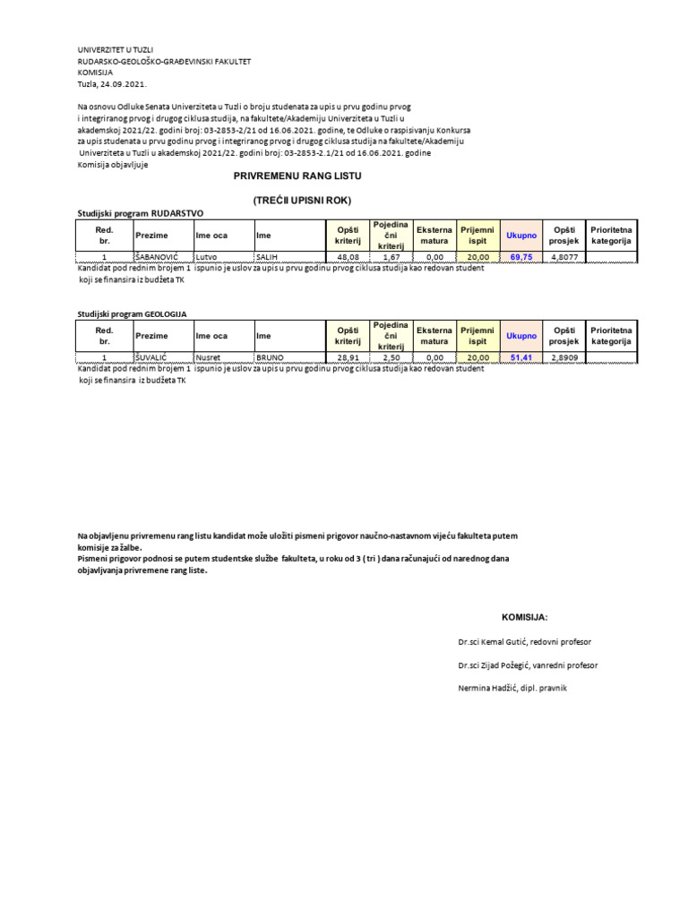Privremena Rang Lista RGGF III Rok | PDF