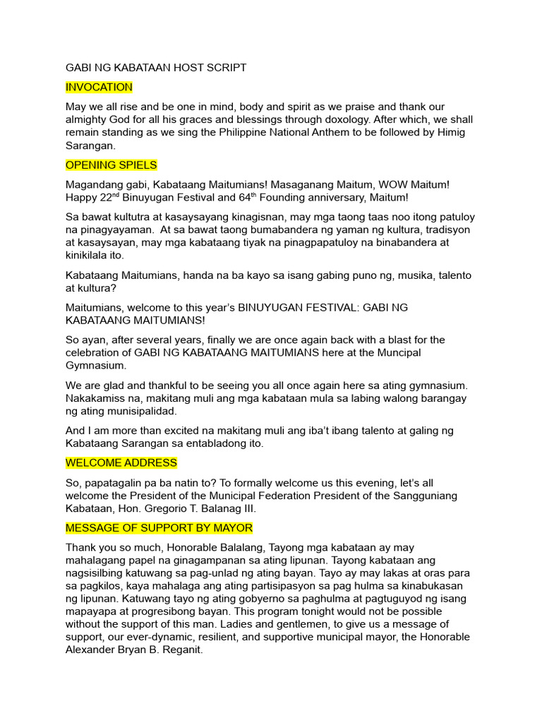 Gabi NG Kabataan Host Script | Download Free PDF | Government | Philippines