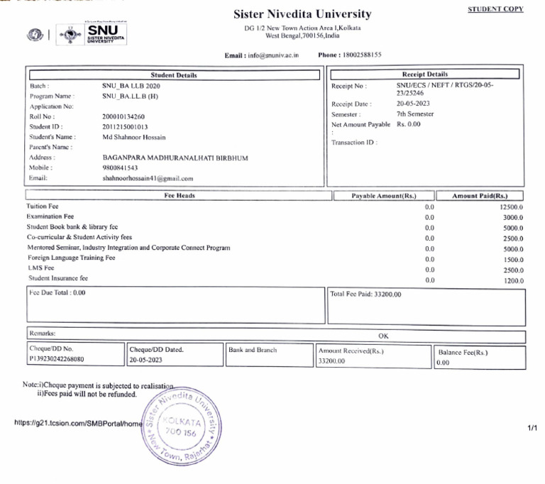 MD Shahnoor Hossain 7th Semester Fees Recreceipt | PDF