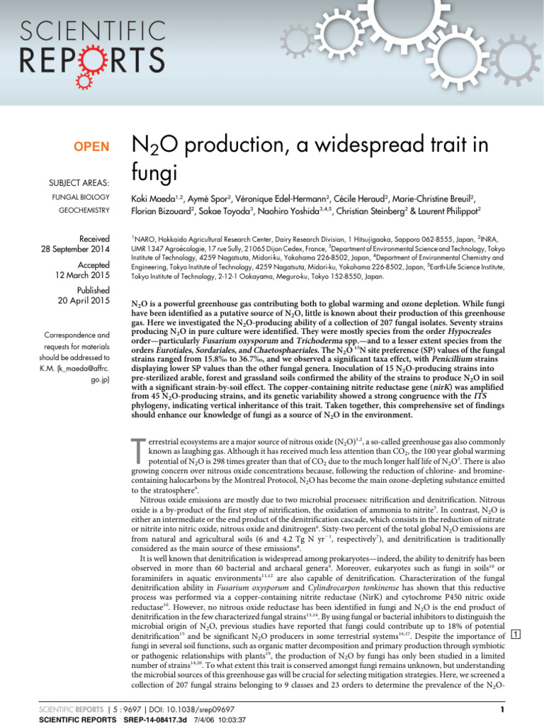 N2O Production, A Widespread Trait in Fungi | PDF | Nitrous Oxide | Fungus