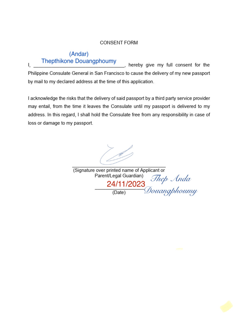 PCGSF Consent Form Passport Delivery | PDF