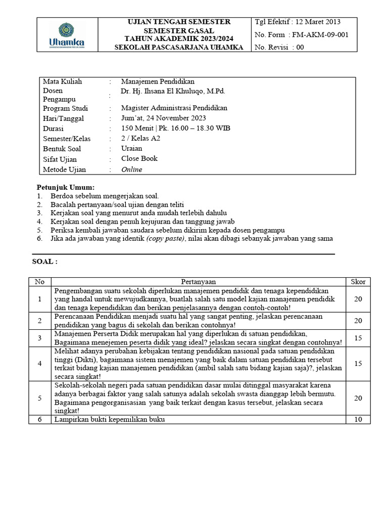 Soal Uts Map Gasal 2023-2024 (Manajemen Pendidikan Kelas 2 A2) Ibu Lulu | PDF