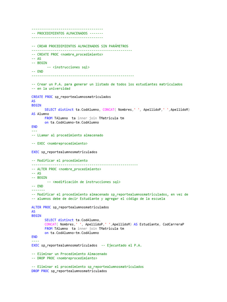 Procedimientos Almacenados en SQL | PDF | Bases de datos | Gestión de datos