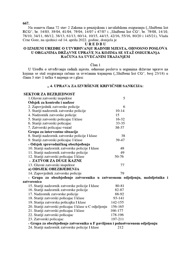 Uredba o Izmjeni Uredbe o Utvrđivanju Radnih Mjesta, Odnosno Poslova U Organima Državne Uprave ...