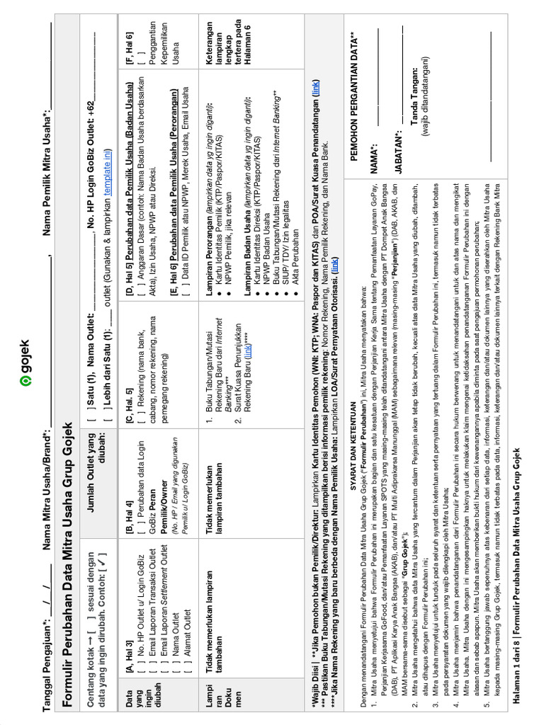 Formulir Perubahan Data Mitra Usaha Gojek (Versi 07.2020) | PDF