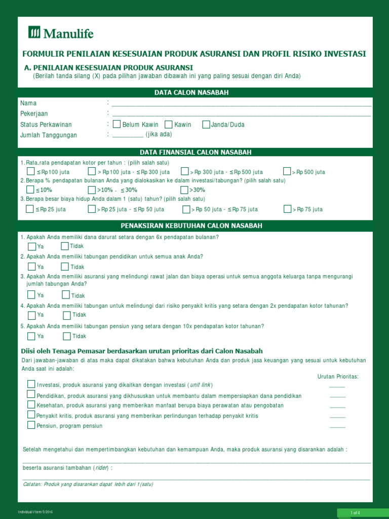 Formulir Penilaian Kesesuaian Produk Asuransi Dan Profil Risiko ...