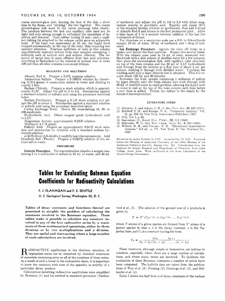 Tables For Evaluation Bateman Equation Coefficientes For Radioactivity ...